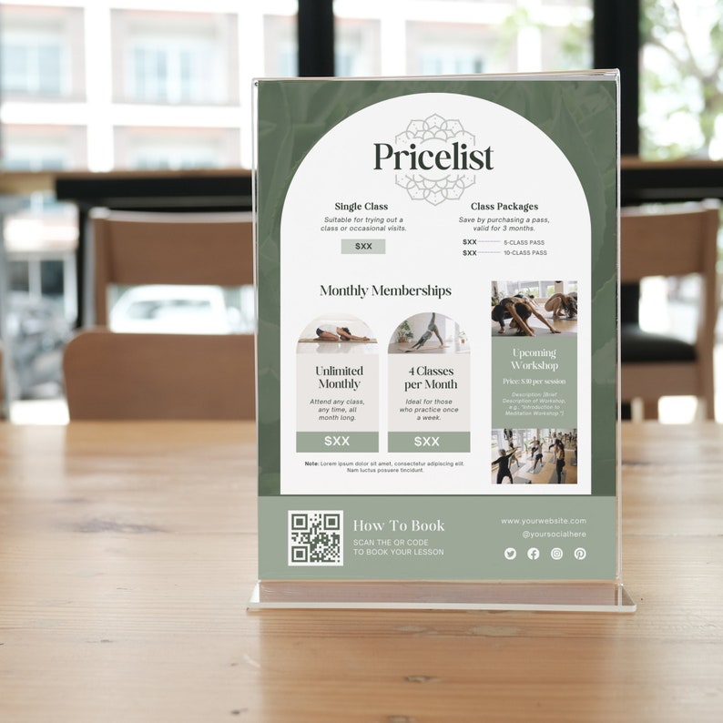 Yoga Studio Price List Template, Editable Canva Template for Yoga ...