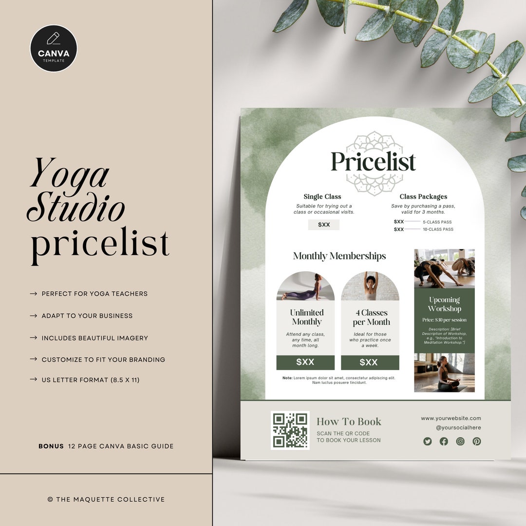 Yoga Studio Price List Template, Editable Canva Template for Yoga ...