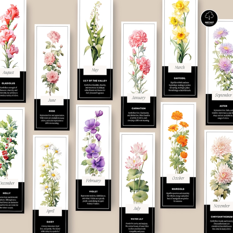 Birth Month Flower Printable Bookmarks, Monthly Birth Graphics PNG ...