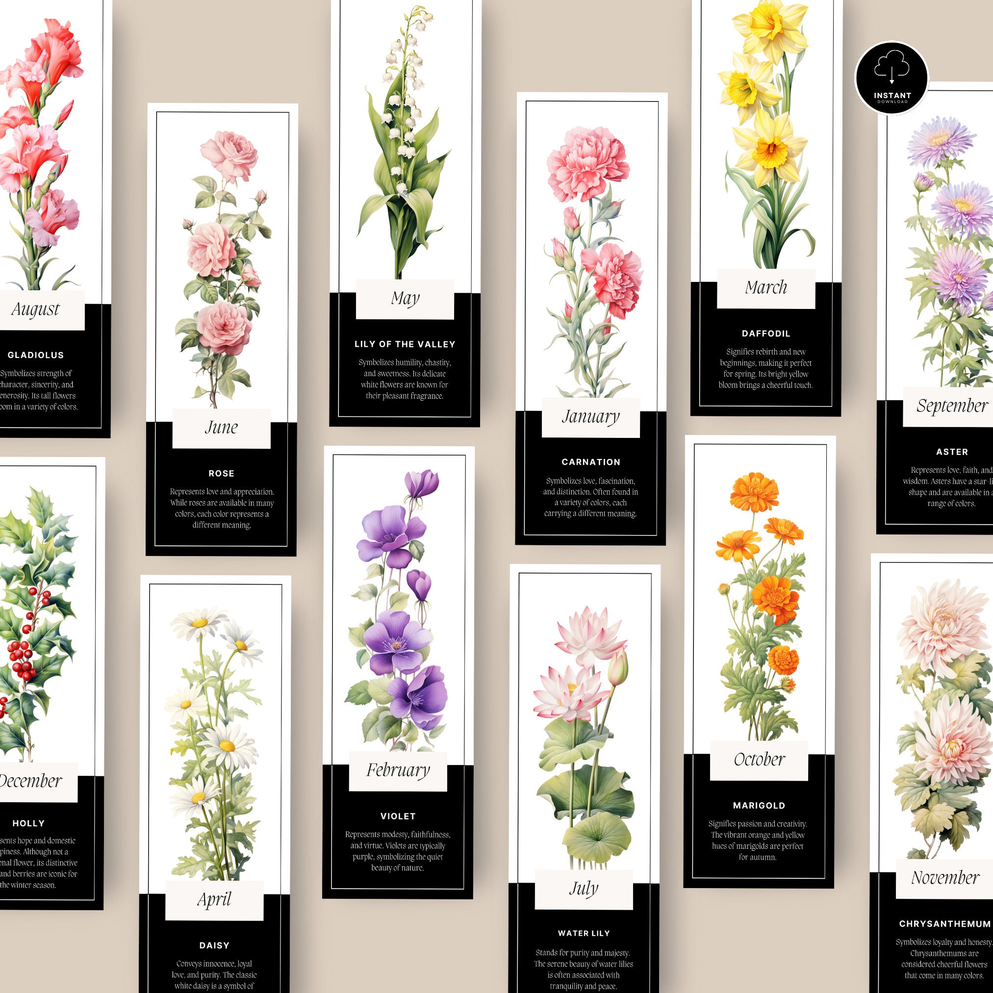 Birth Month Flower Printable Bookmarks, Monthly Birth Graphics PNG ...