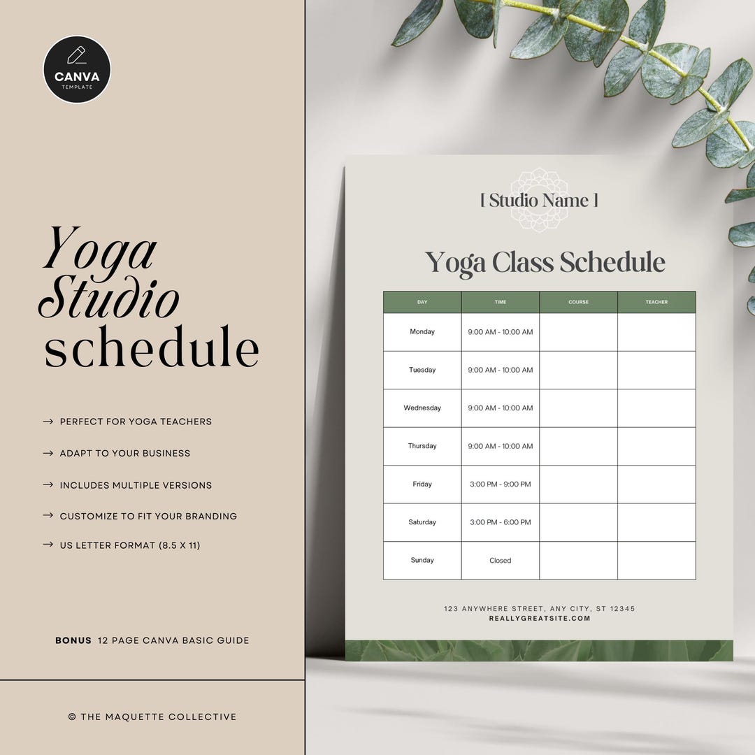 Yoga Class Planner Template, Yoga Studio Schedule, Editable Canva Class ...