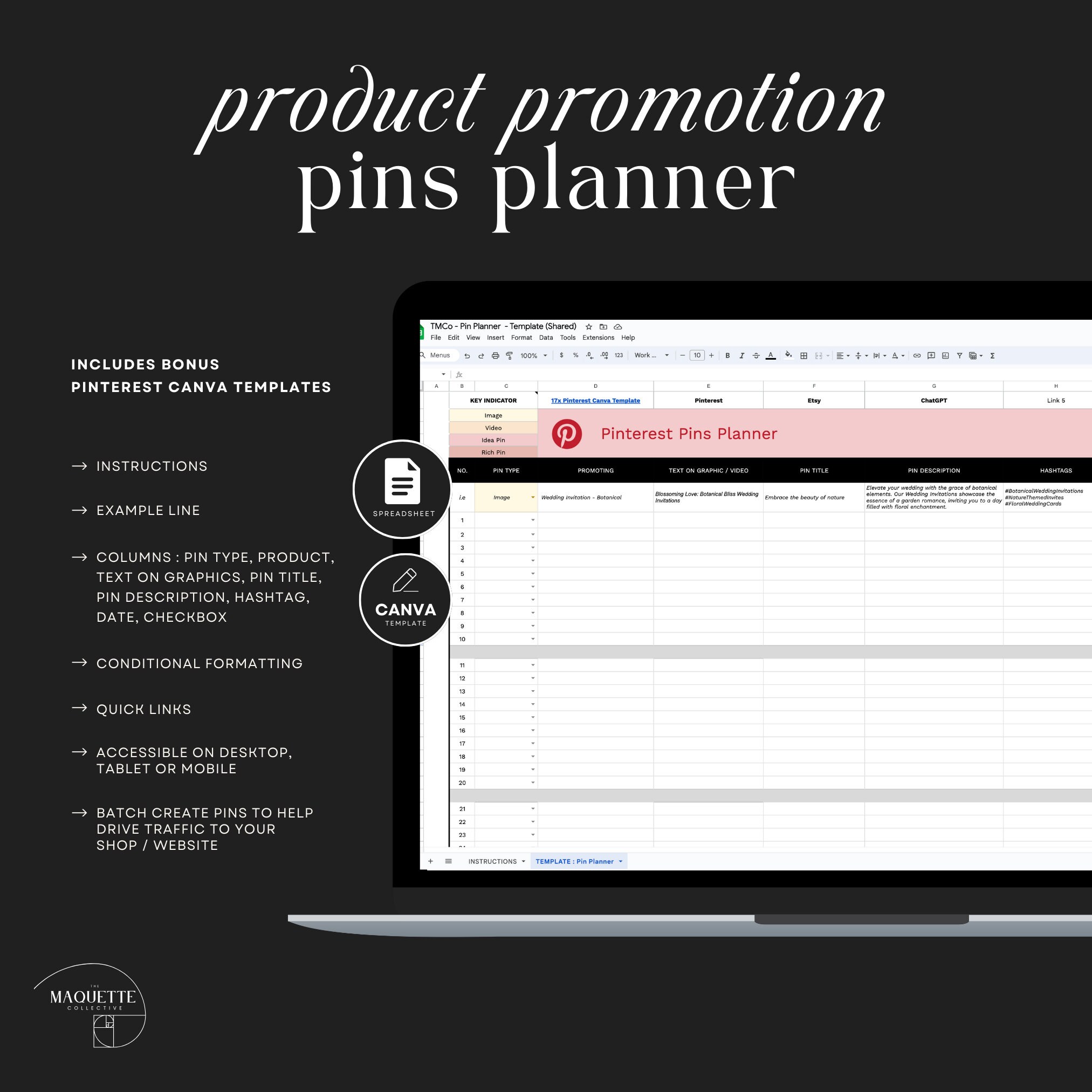 Pinterest Pin Planner, Pinterest™ Google Spreadsheet Planner, Pinterest ...