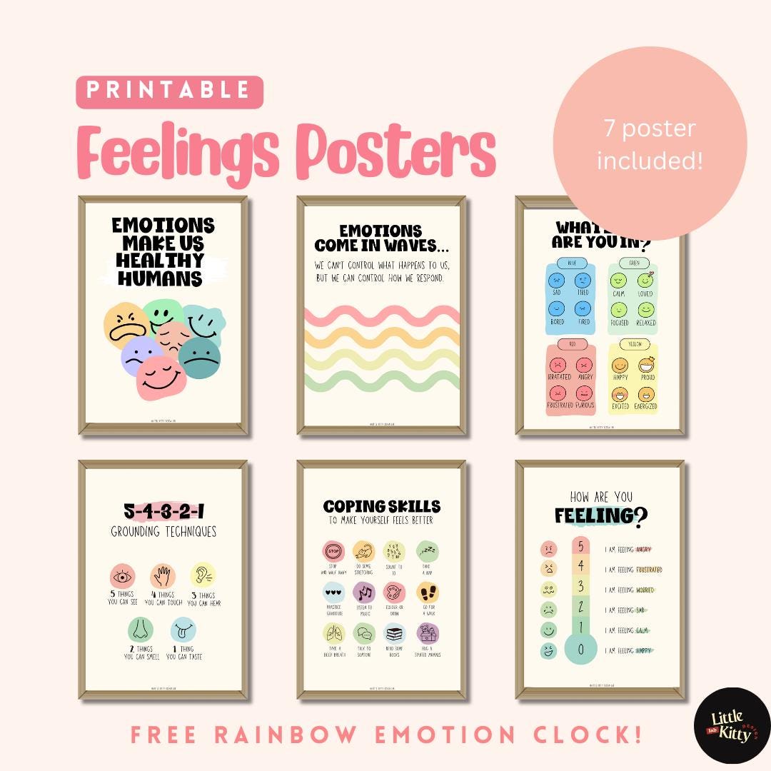 Set of 7 Feelings Poster, Emotions Chart, Calming Corner Posters ...