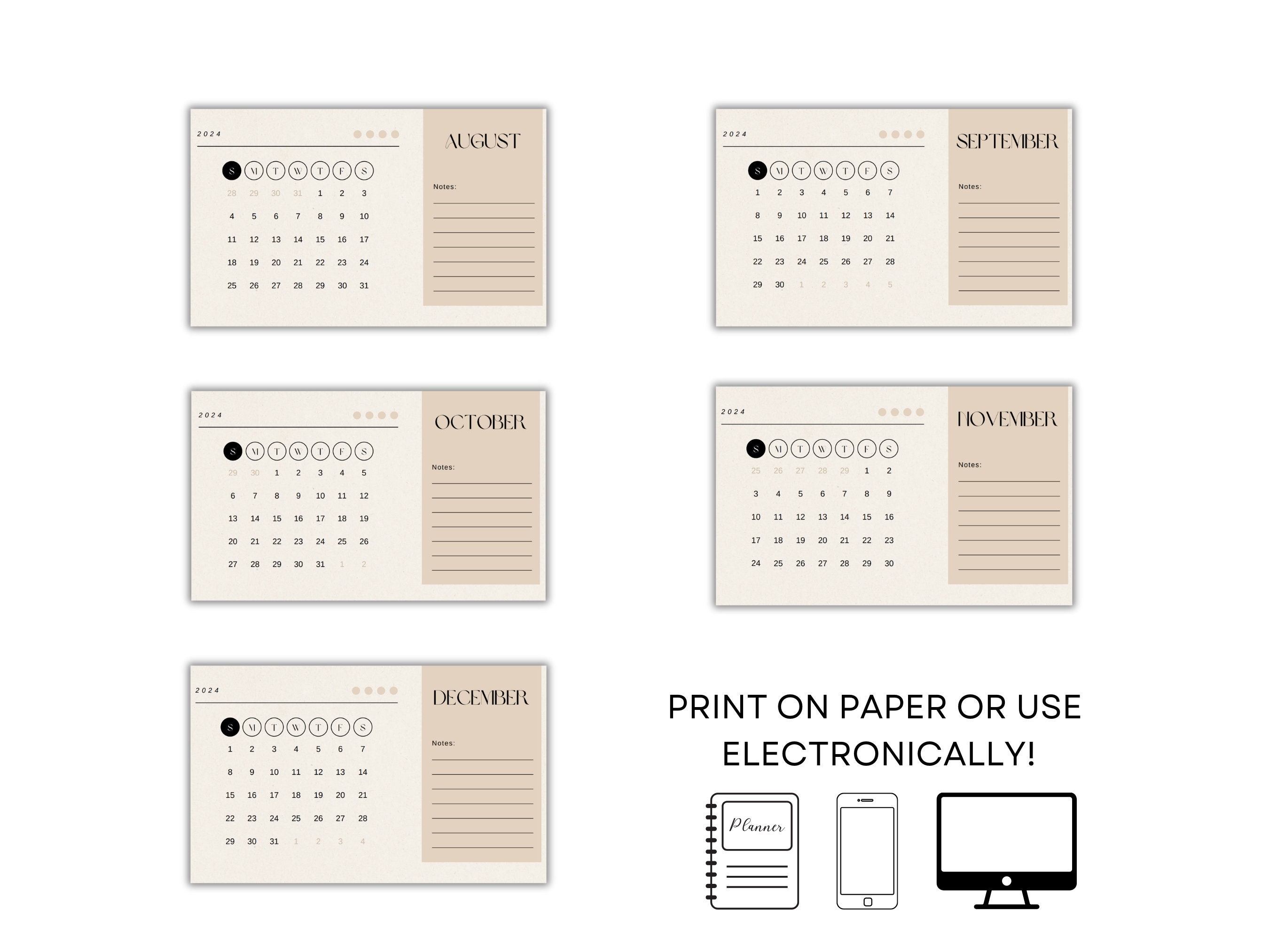 2024 Printable Calendar, PDF, Beige Minimalistic and Clean - Etsy