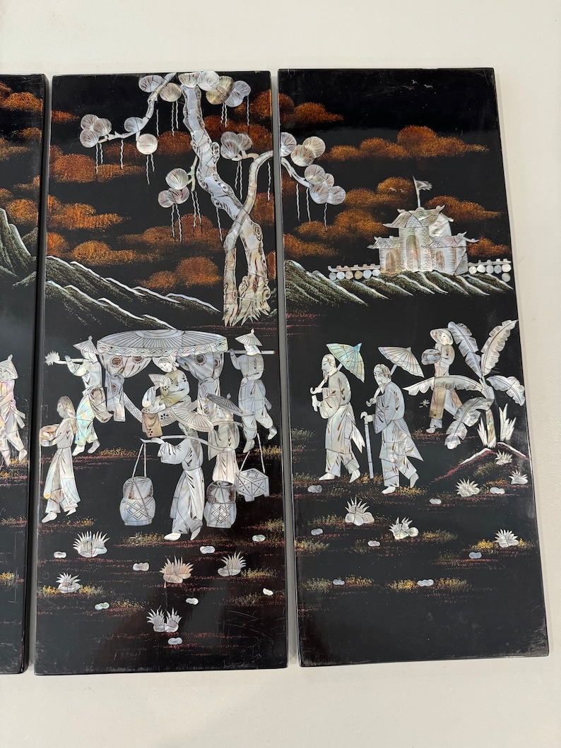 Set of 8 (2 Sets of 4) Asian-style Mother of Pearl Wall Panels - Black ...