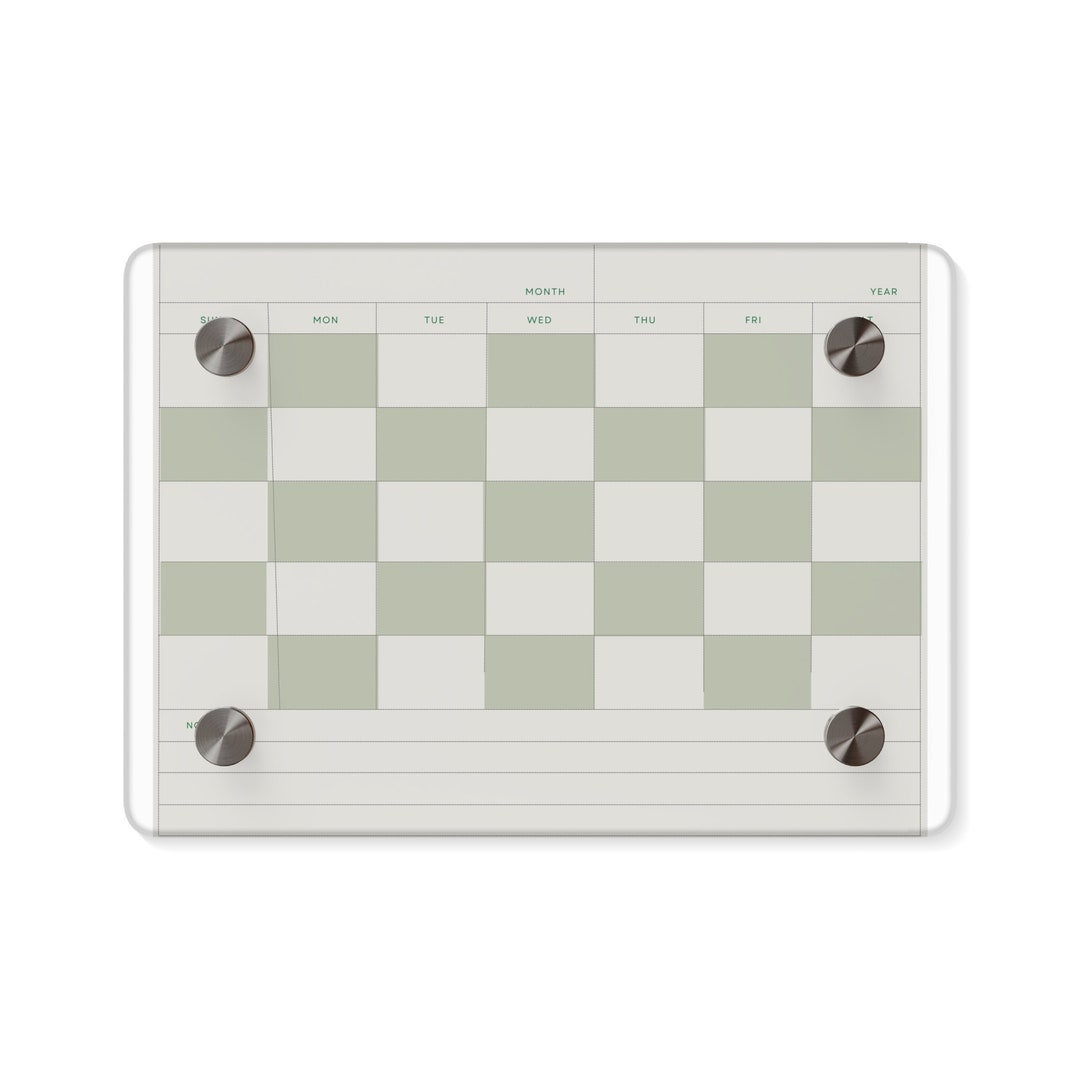 Acrylic Dry Erase Sage Green Checkered Calendar Horizontal Reusable ...