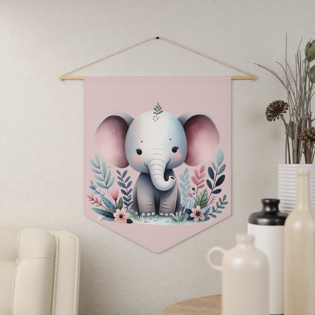 Jungle Nursery Elephant Pennant Cute Dusty Rose Blush Pink Wall Art for ...