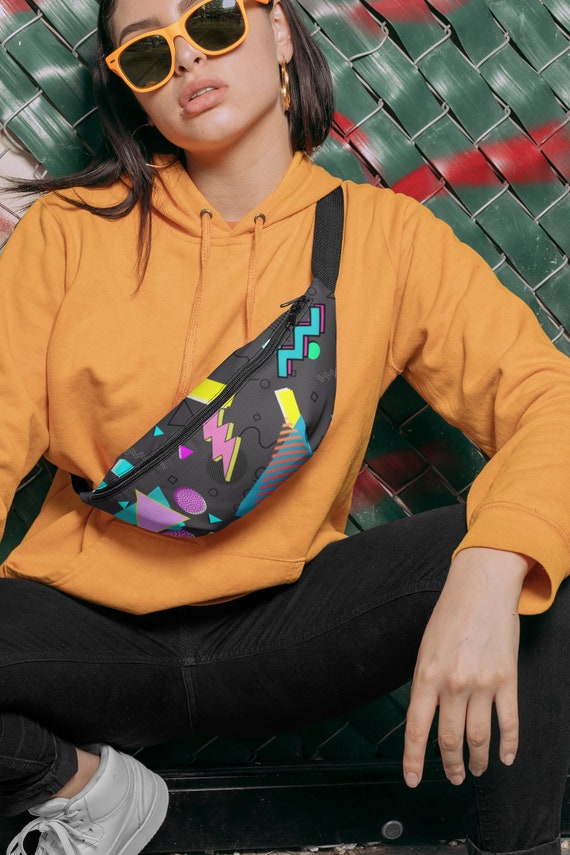 Unique Retro 80s 90s Fanny Pack Fun Pink Purple Teal Yellow and Black Memphis Design Waist Bag With Geometric Print Etsy