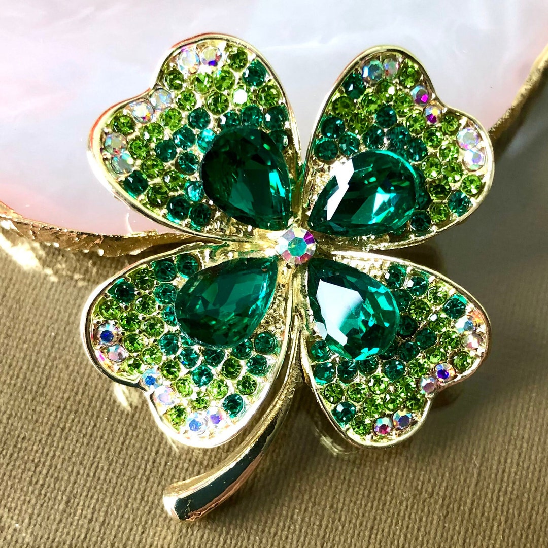 Crystal Four Leaf Clover Brooch: Lucky Emerald Rhinestone Pin - Etsy