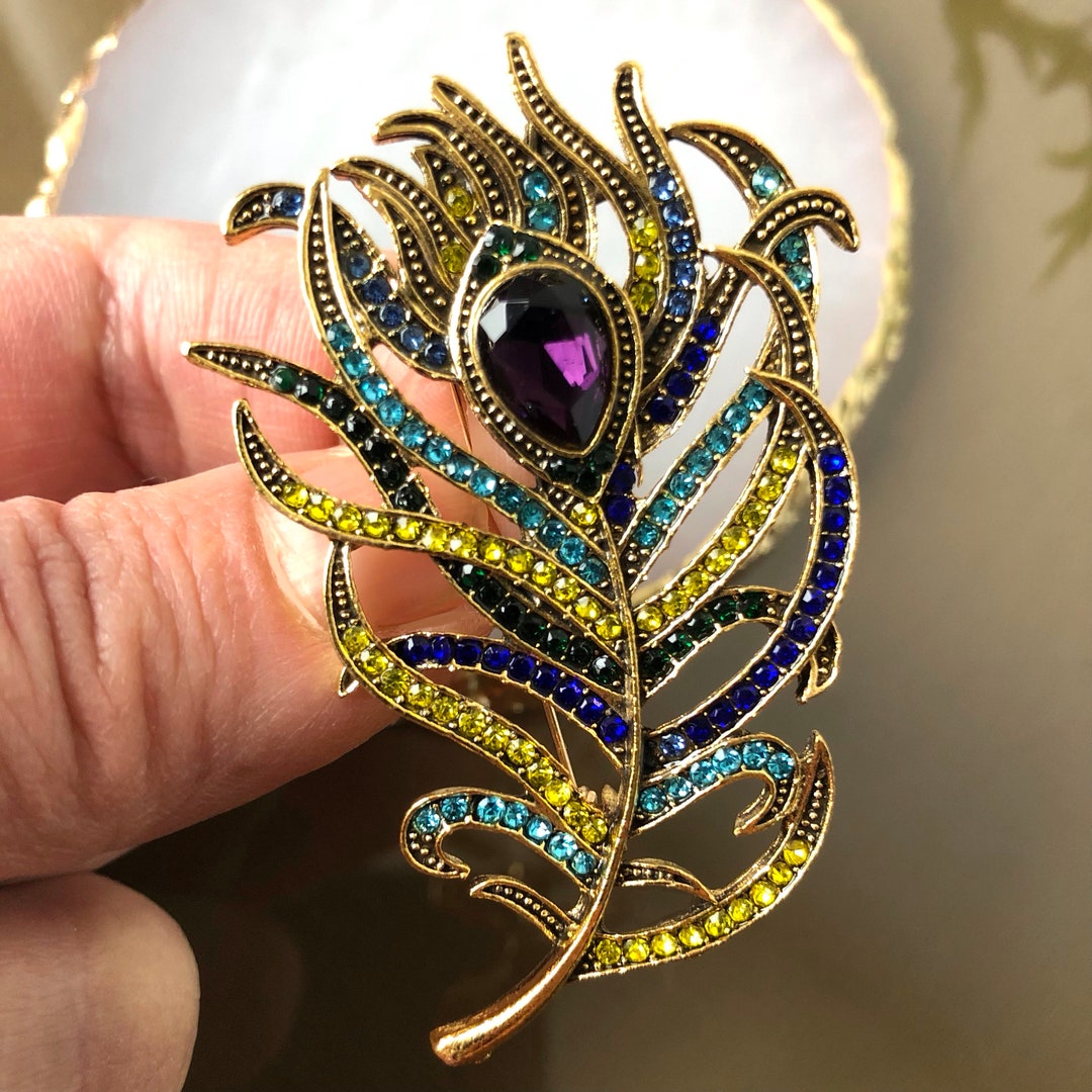 Vintage Style Peacock Feather Brooch: Rhinestone Crystal Jewelry - Etsy