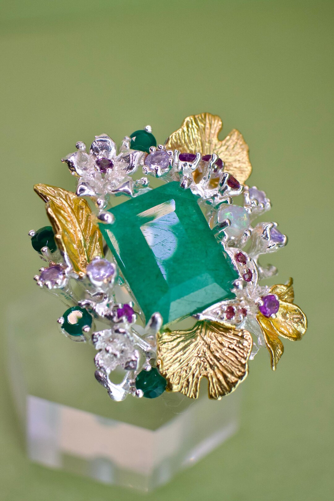 Corte Segreta – Unique Green Beryl Ring With Opal & Onyx, Gold Plated ...