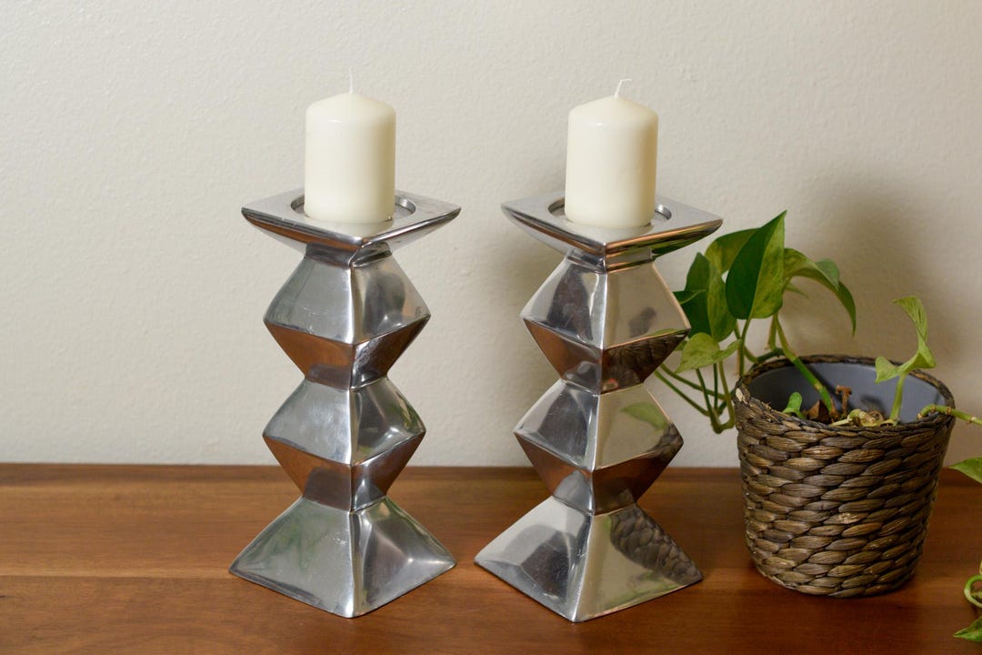 1990s Post Modern Candle Holders Brutalist Chunky Cubist Silver - Etsy