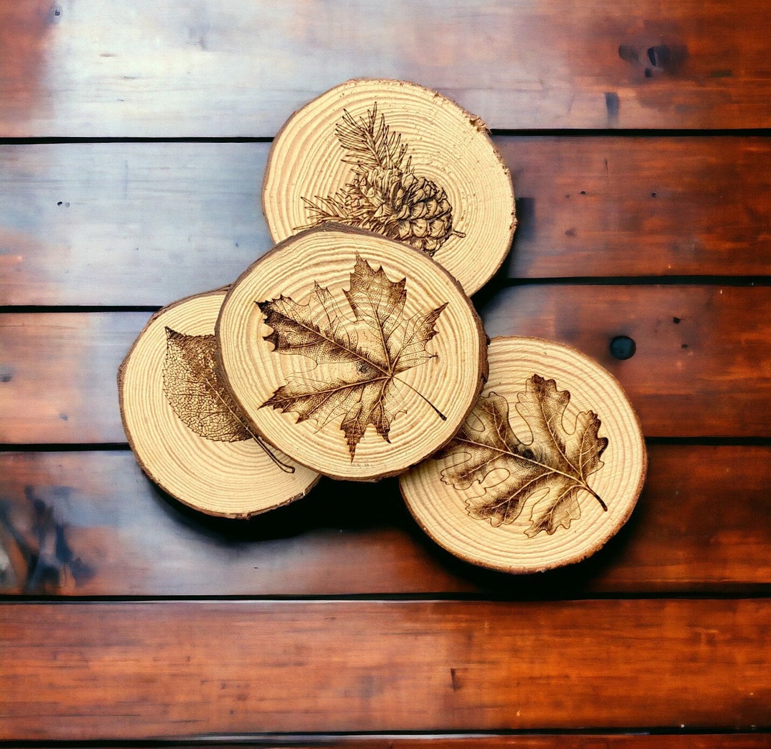 Rustic Pine Coaster Set, Engraved Coasters With Forest Leaf Motif, Man ...