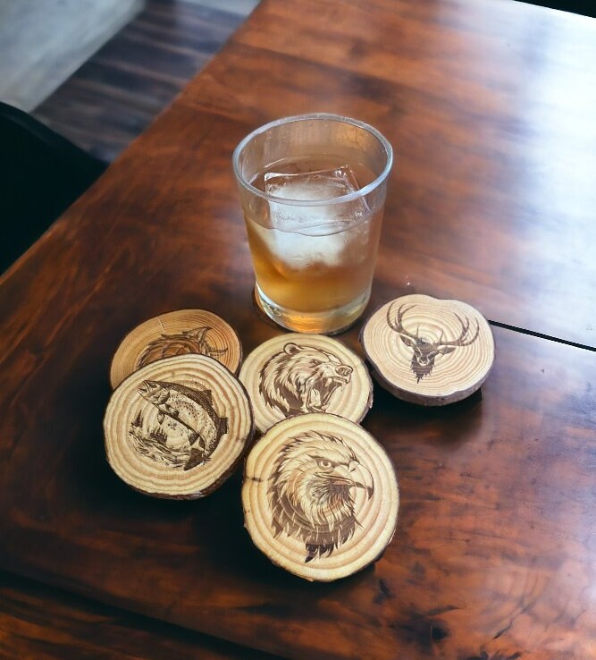 Rustic Engraved Coasters, Wildlife Animal Coasters, Natural Wood ...