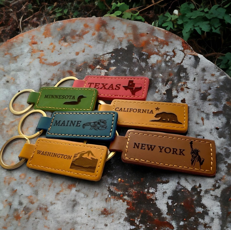 Personalized Leather Keychain, Custom State Name Gift,realtor Gift for ...