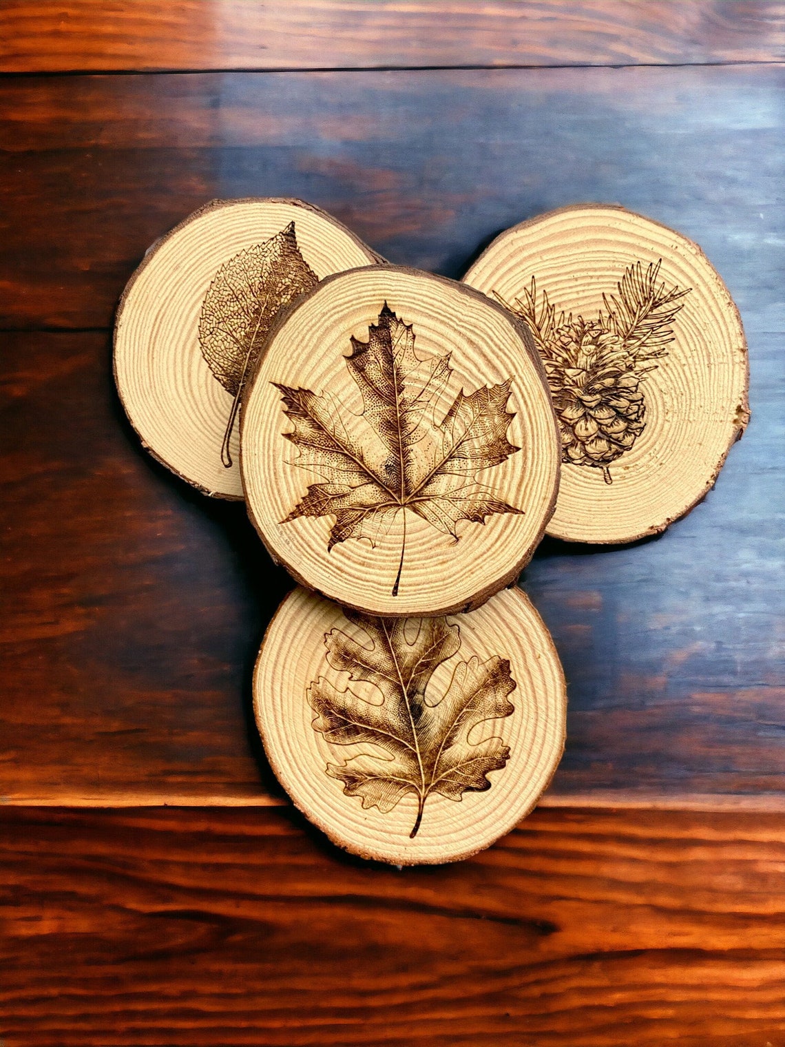 Rustic Pine Coaster Set, Engraved Coasters With Forest Leaf Motif, Man ...