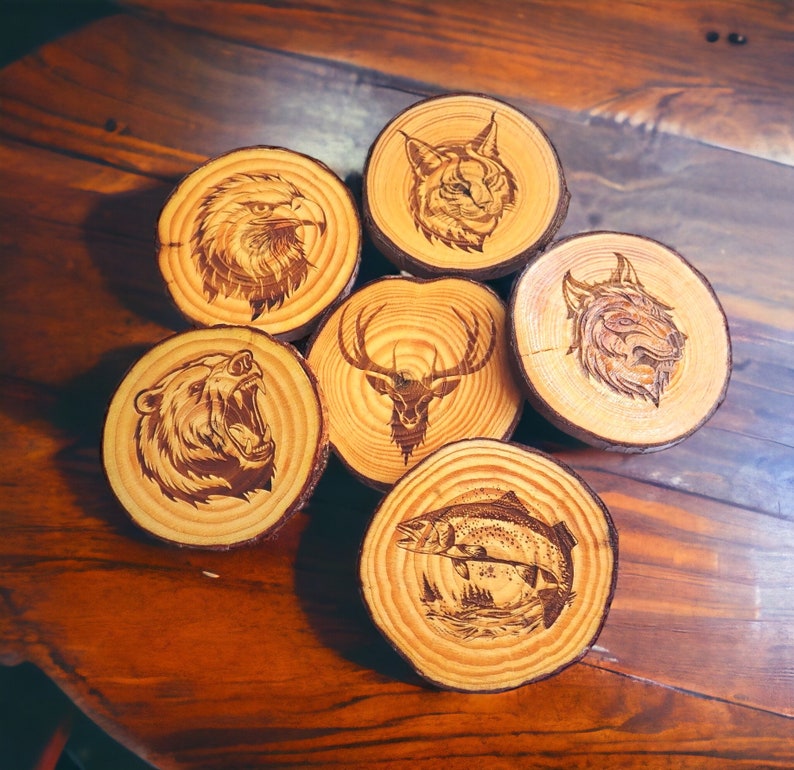 Rustic Engraved Coasters, Wildlife Animal Coasters, Natural Wood ...
