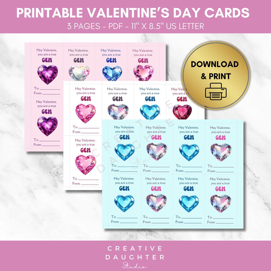 PRINTABLE Valentine Card, Heart Gem Valentine Card, Printable Classroom ...