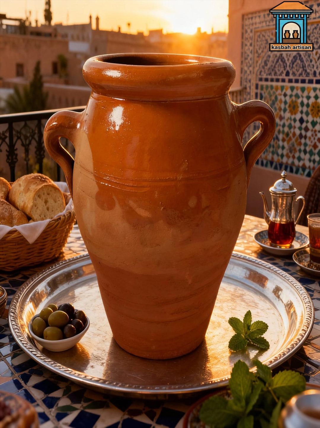 Handmade Moroccan Tangia Pot | Vintage Clay Cookware With Wooden Spoon ...