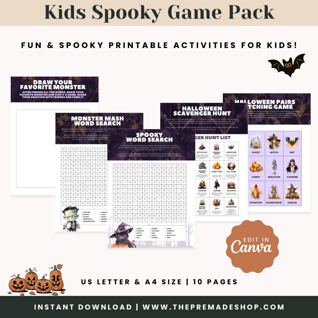 Kids Spooky Games Pack – Halloween Printable Activity Bundle (canva ...