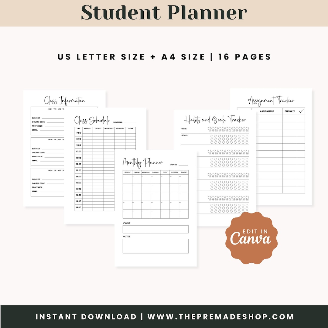 Editable Student Planner Canva Template: 16-page Academic Organizer ...