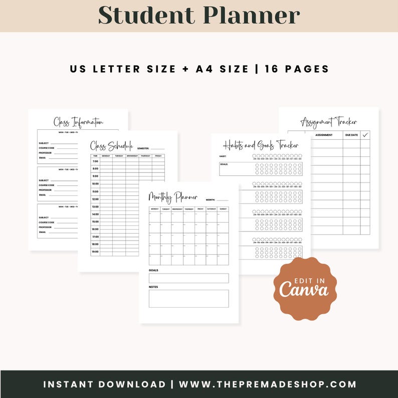 Editable Student Planner Canva Template: 16-page Academic Organizer ...
