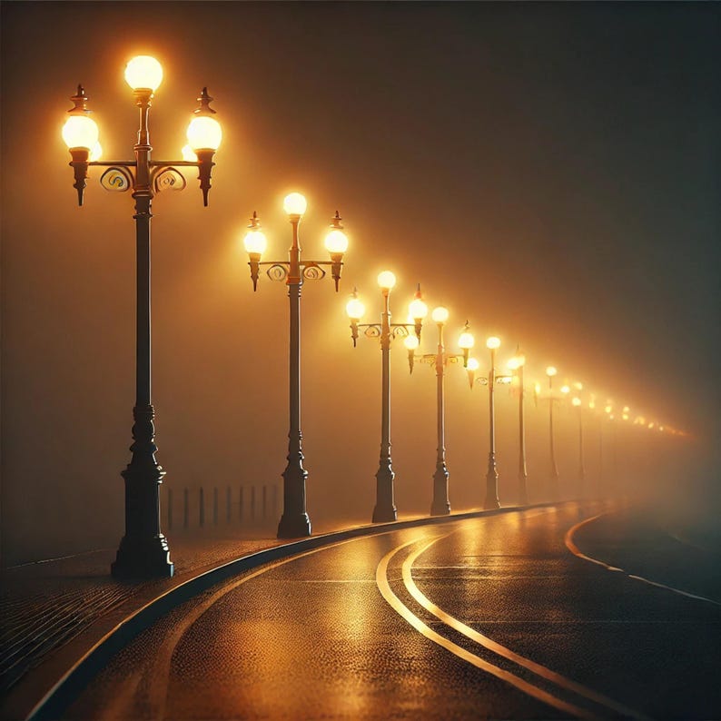 Foggy Night Streetlights - Digital Art - Etsy