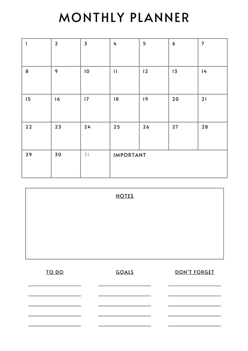 Minimalist Monthly Planner | Printable Monthly Calendar | Goal & Task ...