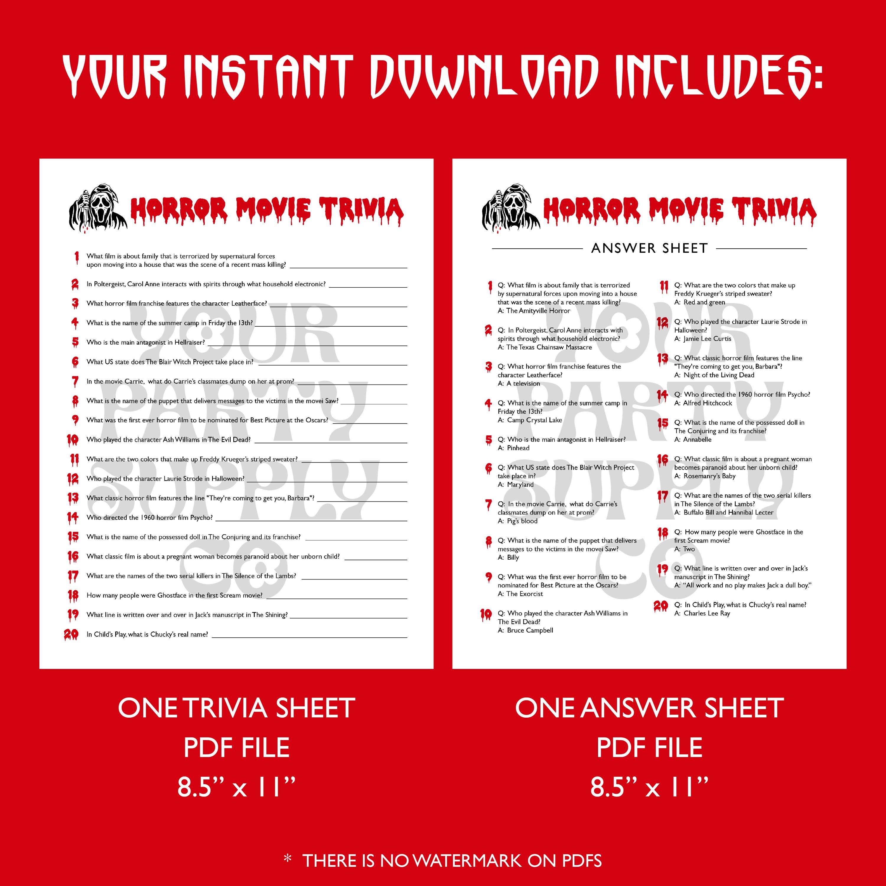 Horror Movie Trivia - Printable Halloween Game, Halloween Movie Trivia ...
