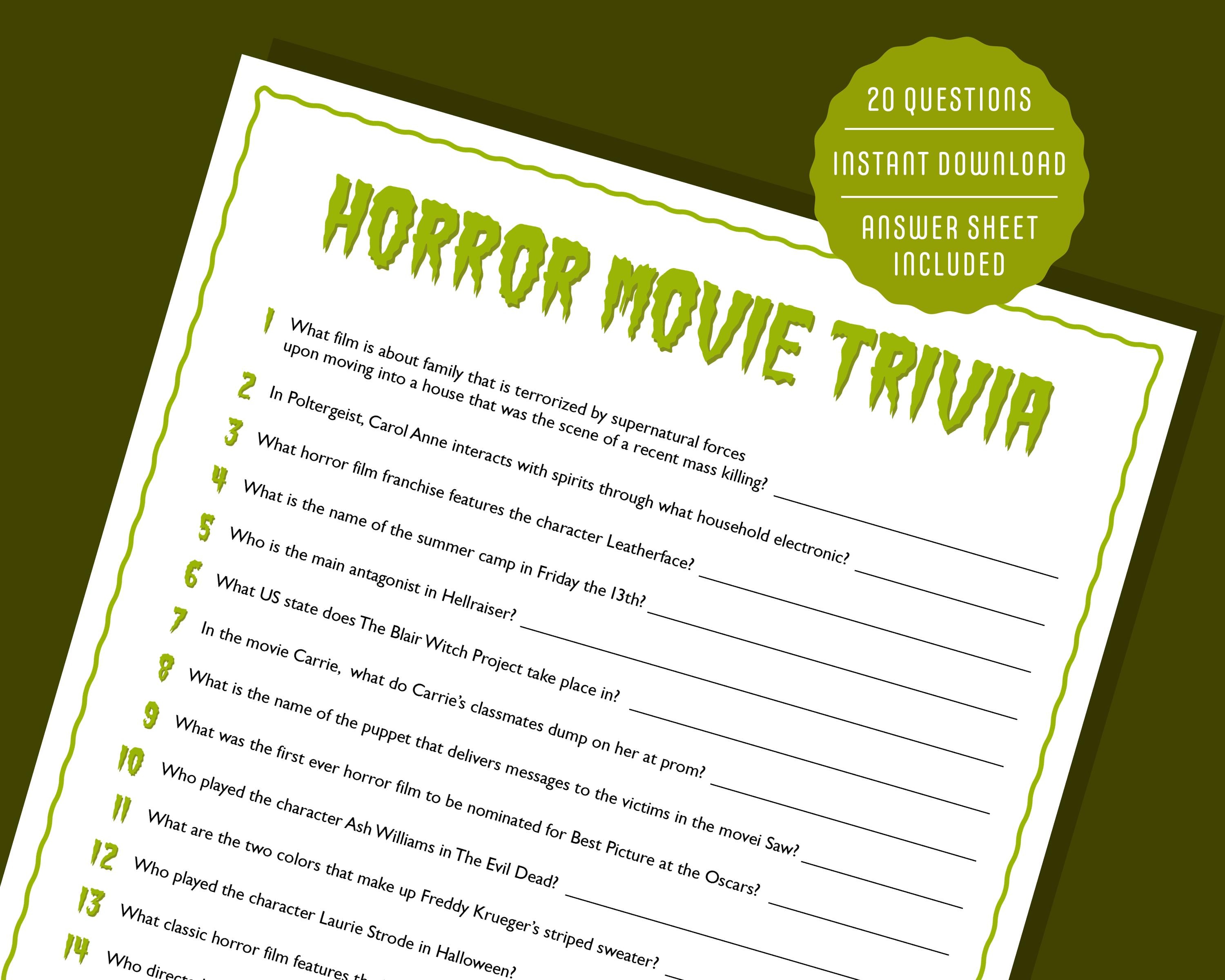 Horror Movie Trivia Questions - Printable Halloween Game, Halloween ...
