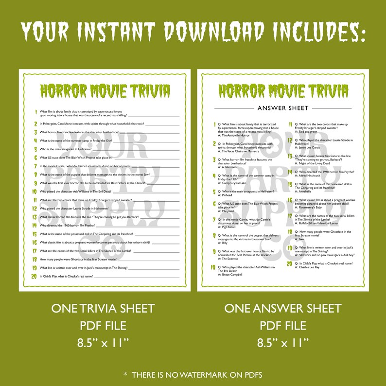 Horror Movie Trivia Questions - Printable Halloween Game, Halloween ...