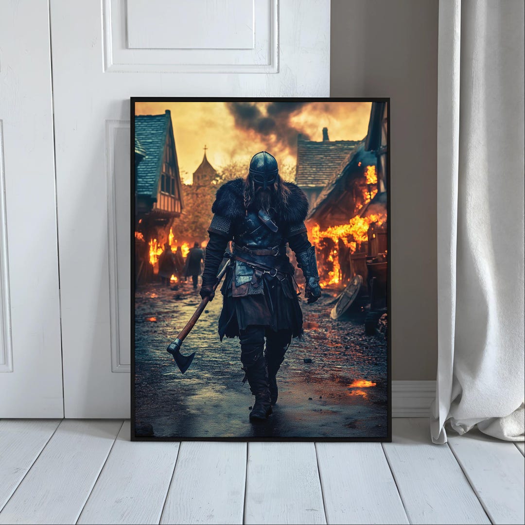 Viking Raid Illustrated Poster, Solitary Armored Viking Over Blazing ...