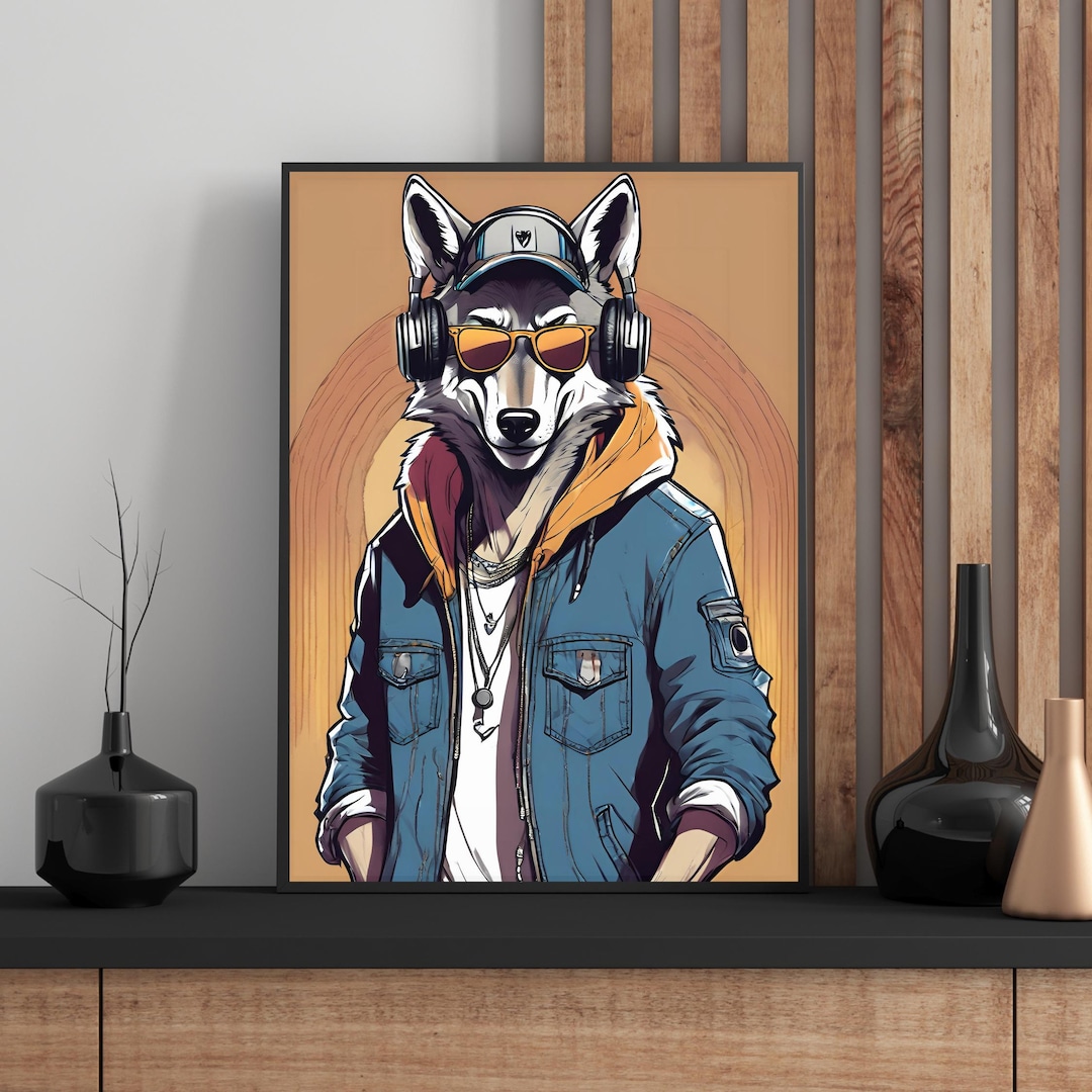 DJ Wolf - Cool Anime Wolf in Sunglasses and Hoodie - Ideal Wall Art for ...