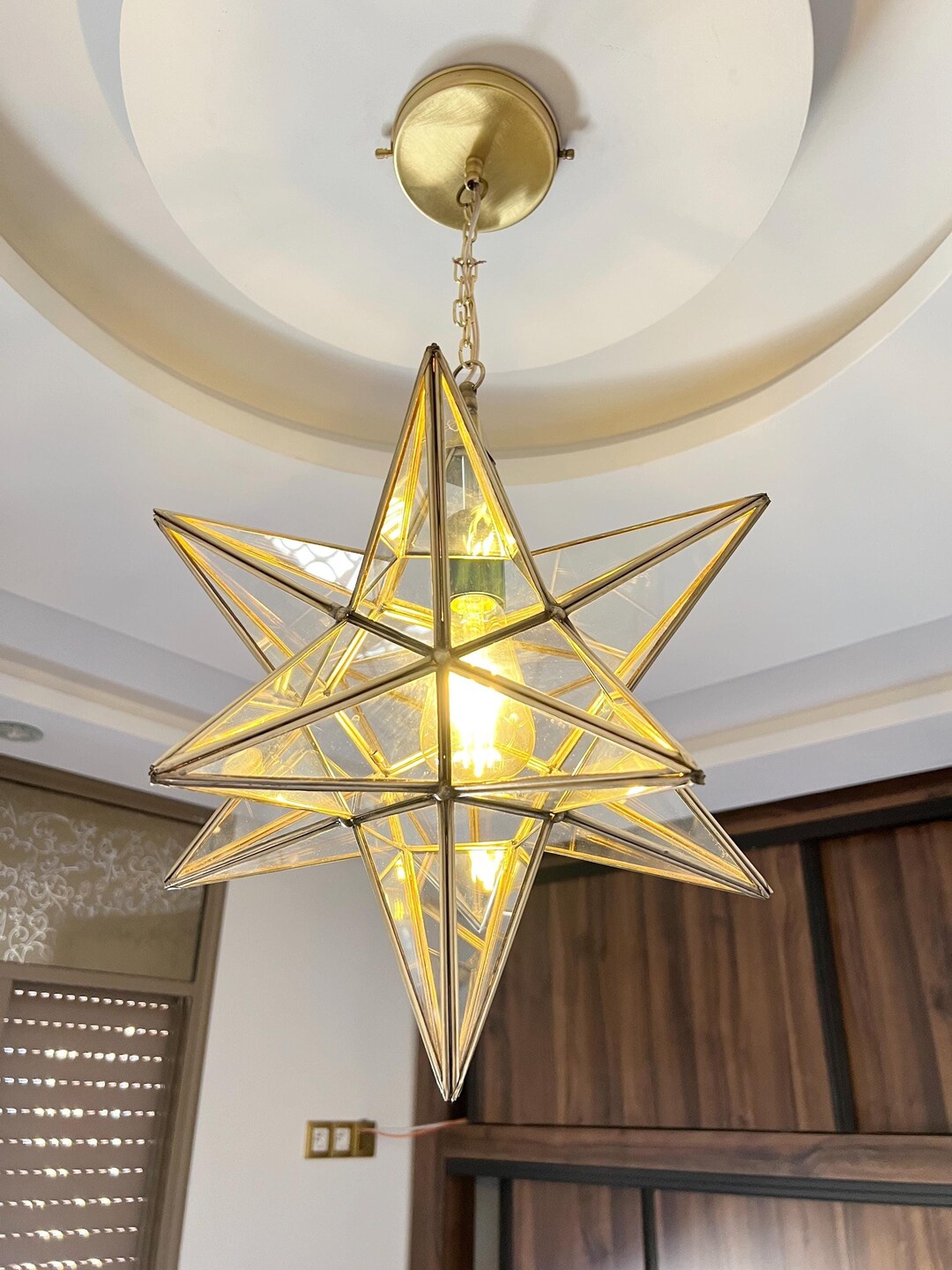 Clear Glass Light, Moravian Style Filigree Pendant Lamp, Handmade Brass ...