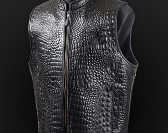 New Men's Alligator Embossed 3mm Thick Leather Vest, Motorcycle Style ...