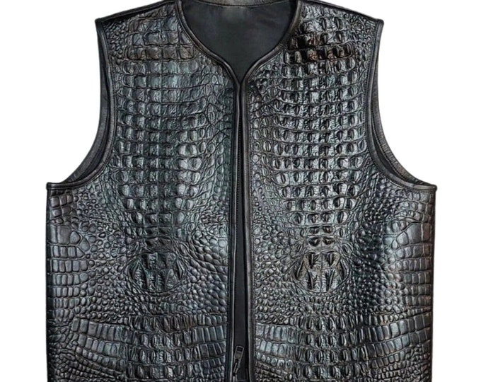 Men's Black Crocodile Leather Vest, Biker Vest, Custom Motorcycle Vest ...
