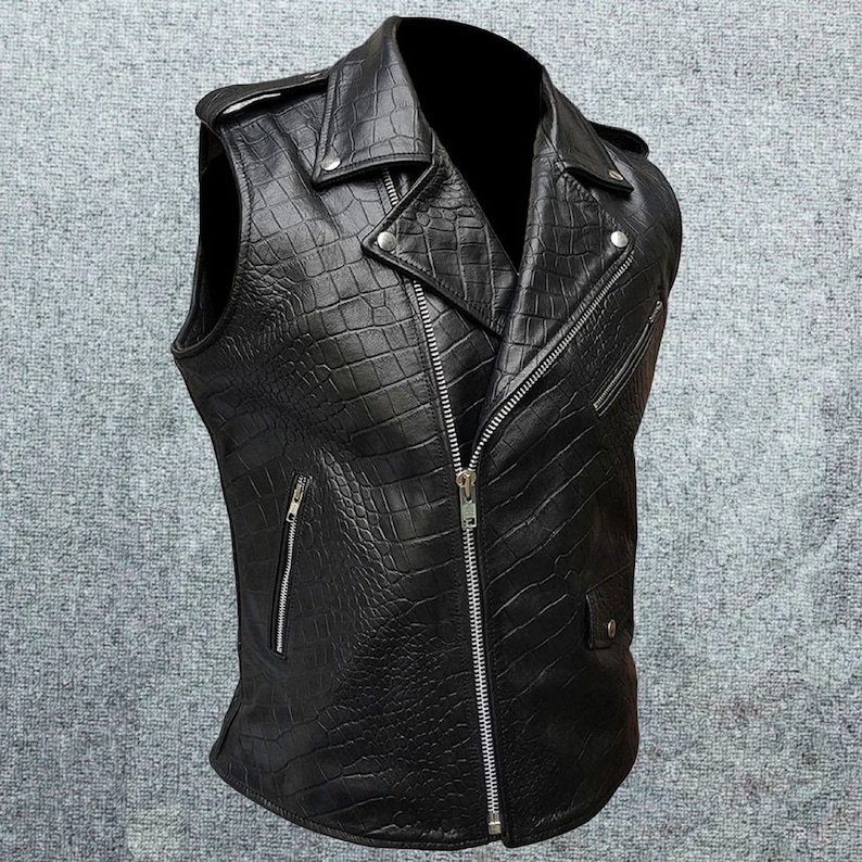 New Men's Crocodile Leather Vest, Biker Vest, Belted Vest, Motorcycle ...