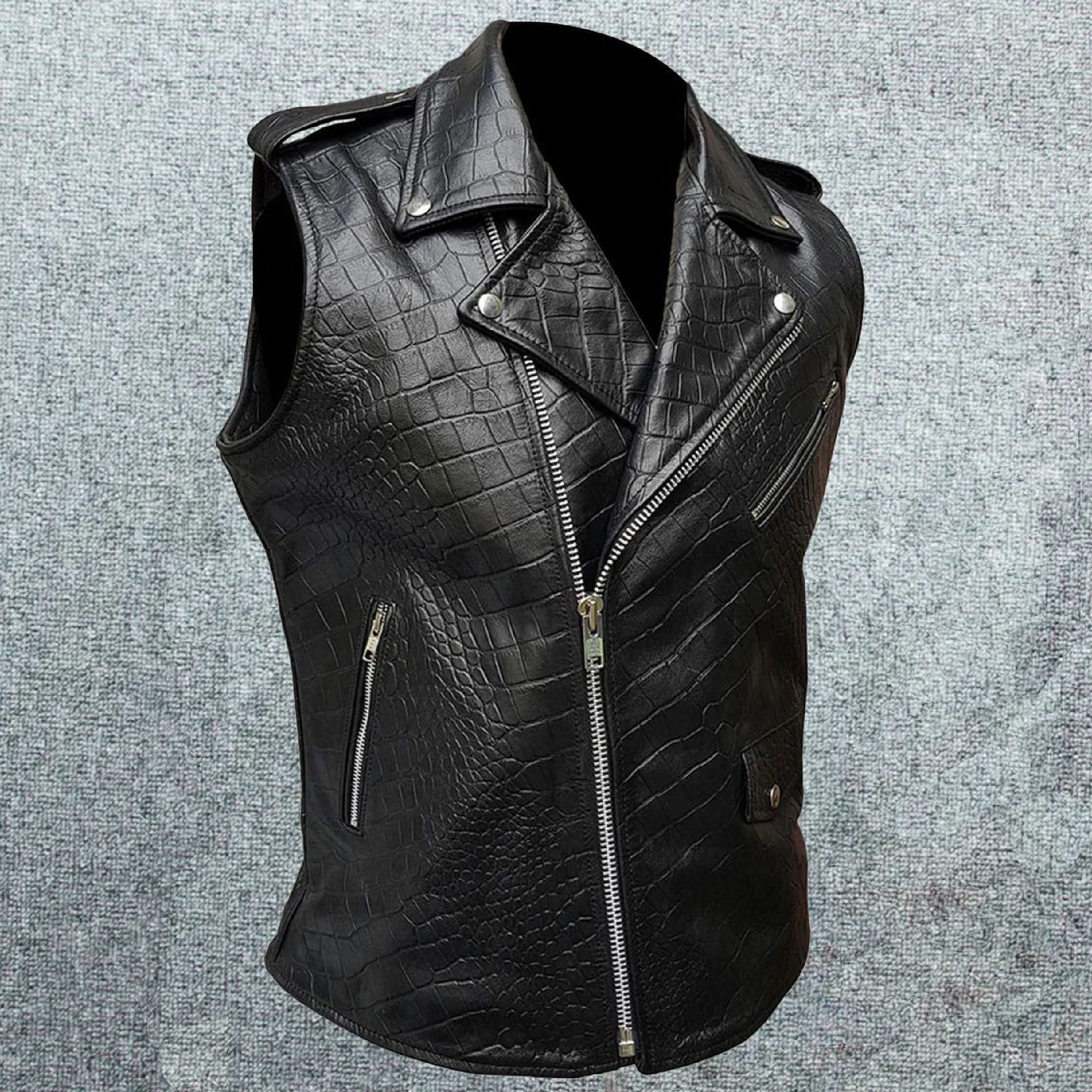 New Men's Crocodile Leather Vest, Biker Vest, Belted Vest, Motorcycle ...