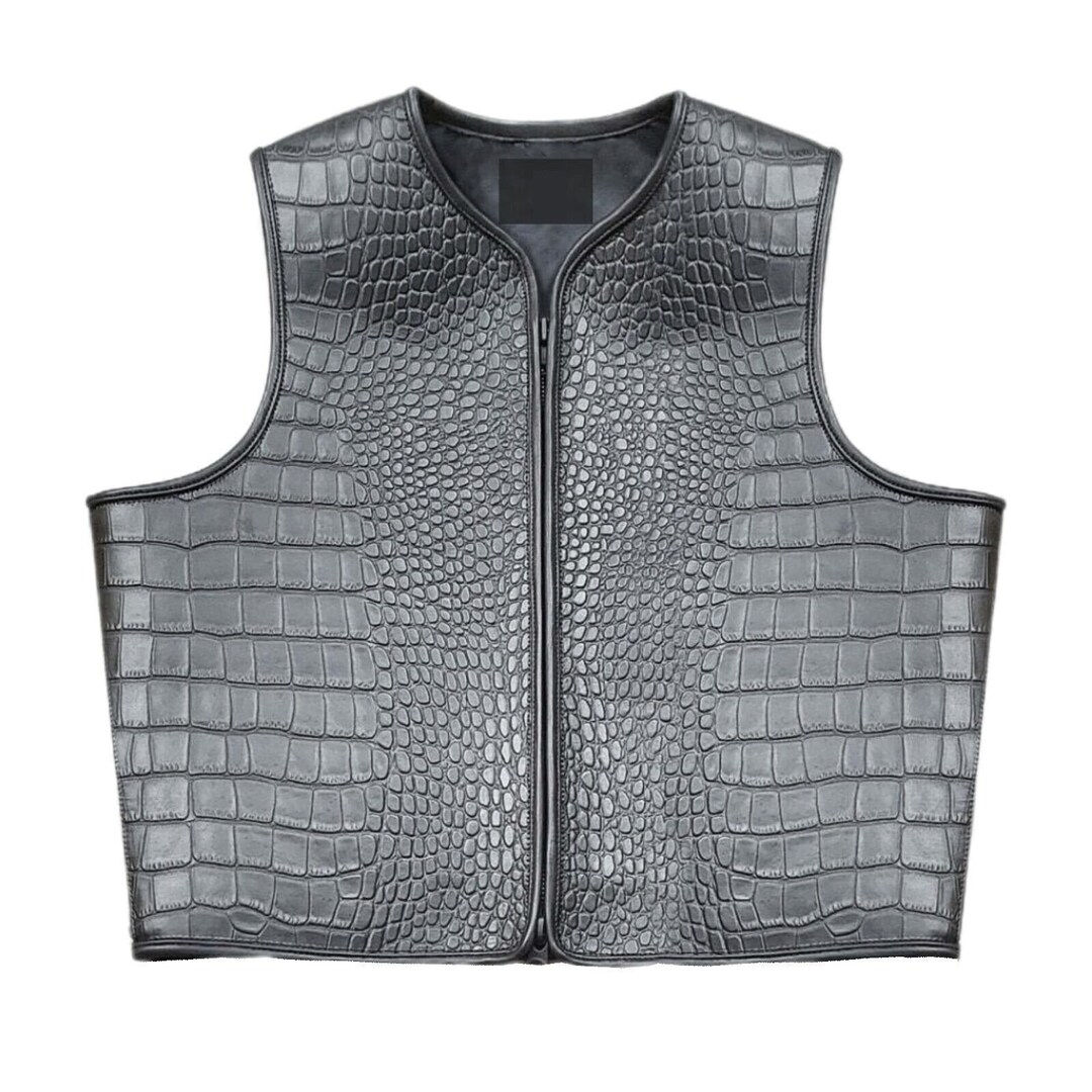 New Men's Crocodile Leather Vest, Biker Vest, Motorcycle Vest, Black ...