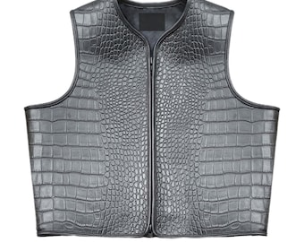 New Men's Crocodile Leather Vest, Biker Vest, Belted Vest, Motorcycle ...