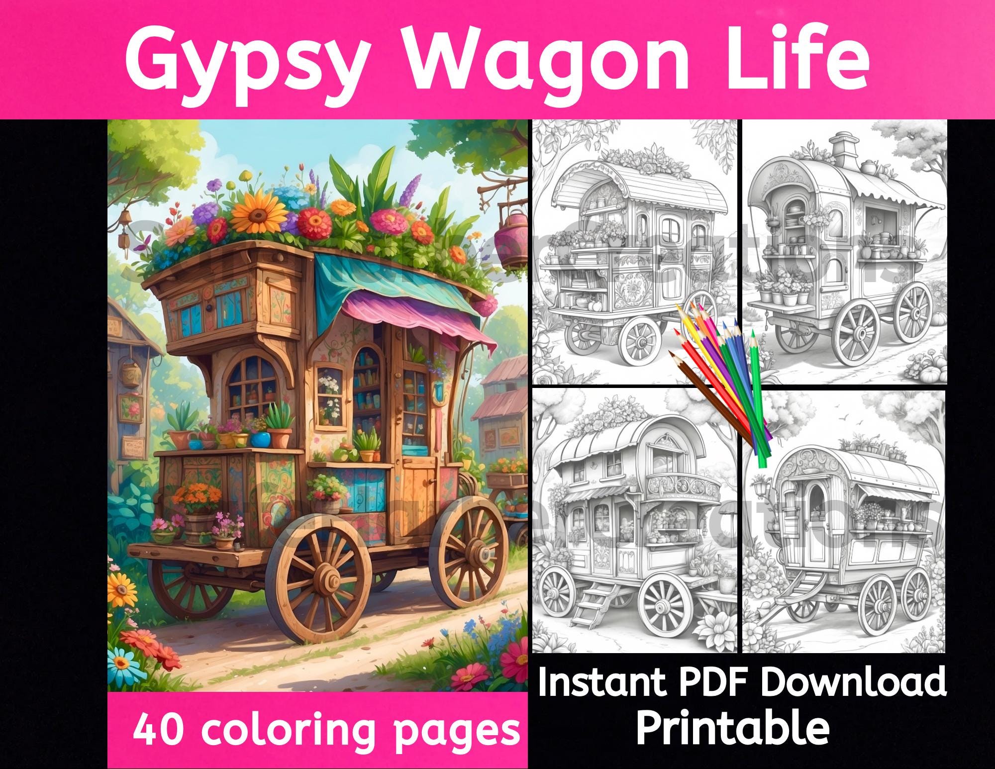 Gypsy Wagon Life Coloring Pages, 40 Pages, Instant Download, Printable ...