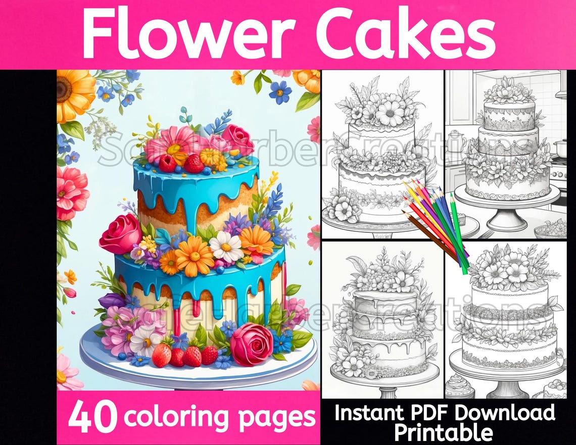 Flower Cakes Coloring Pages, 40 Pictures, Instant Download, Printable ...