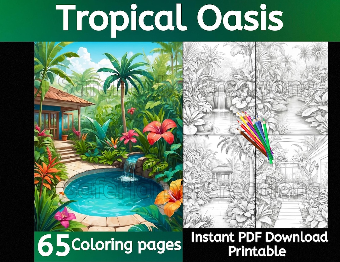 Tropical Oasis Coloring Pages, Instant Download, Printable, Tropical Coloring, Plant Coloring ...