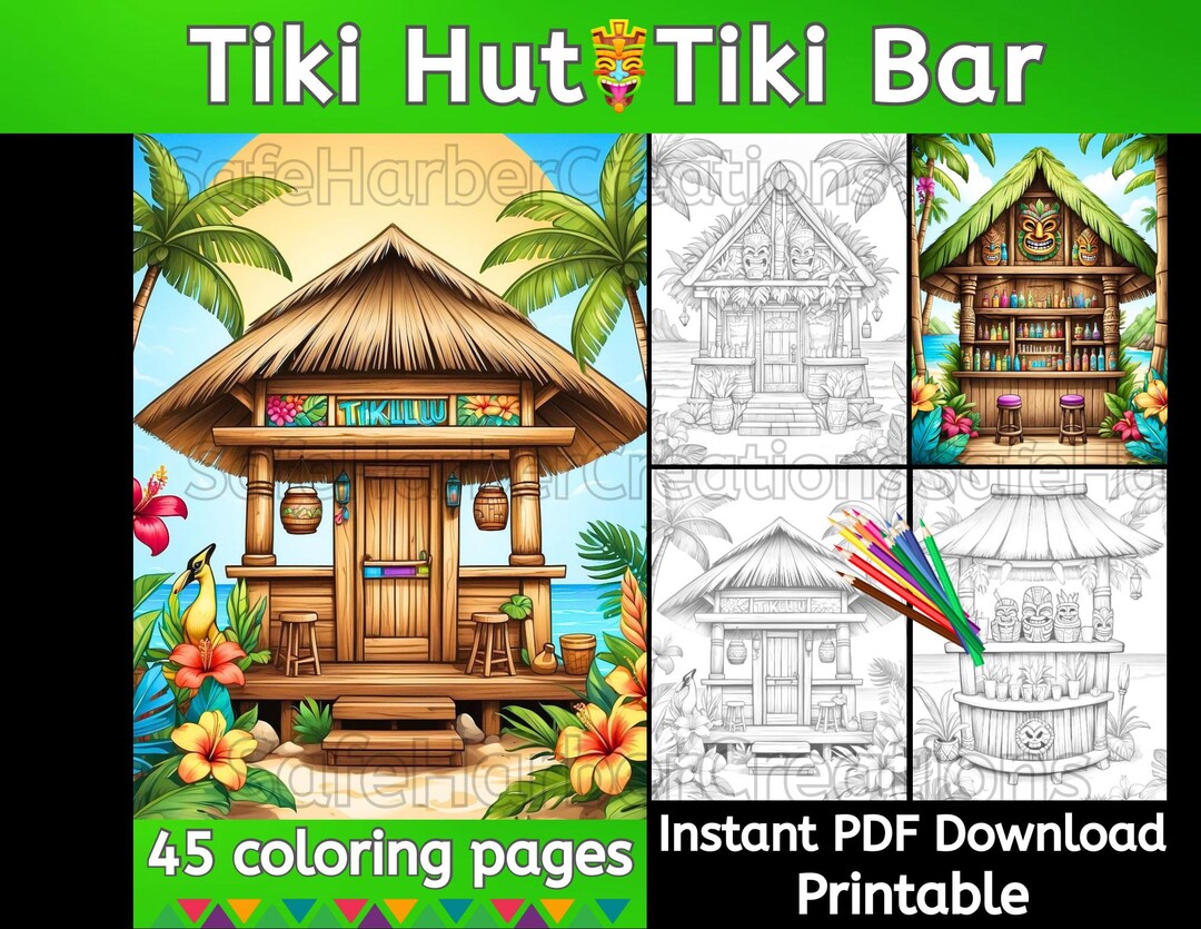 Tiki Huts - Tiki Bar Coloring Pages, Instant Pd Download, Tropical ...