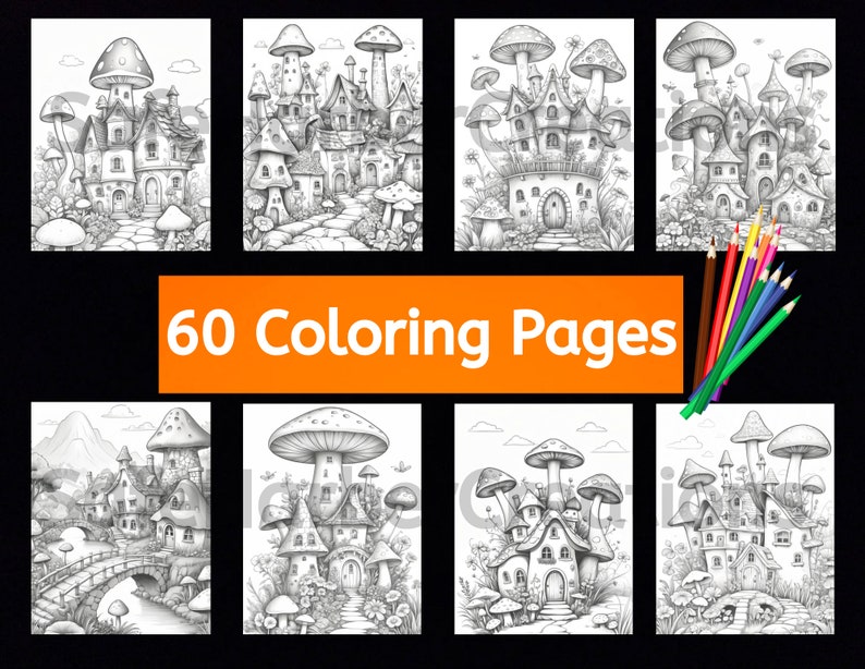 Magical Mushroom Village Coloring Pages, 60 Images, Instant Download ...