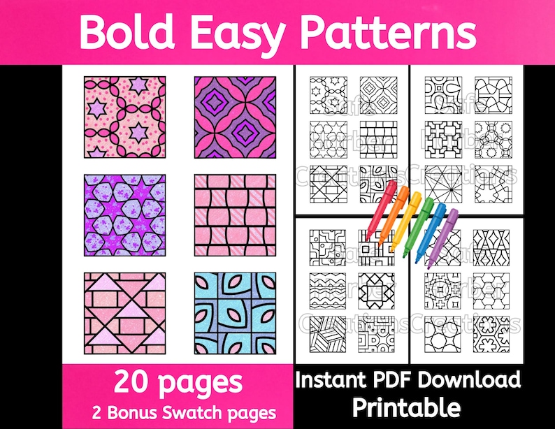Bold Easy Pattern Coloring Pages, 20 Different Pages, 120 Patterns ...