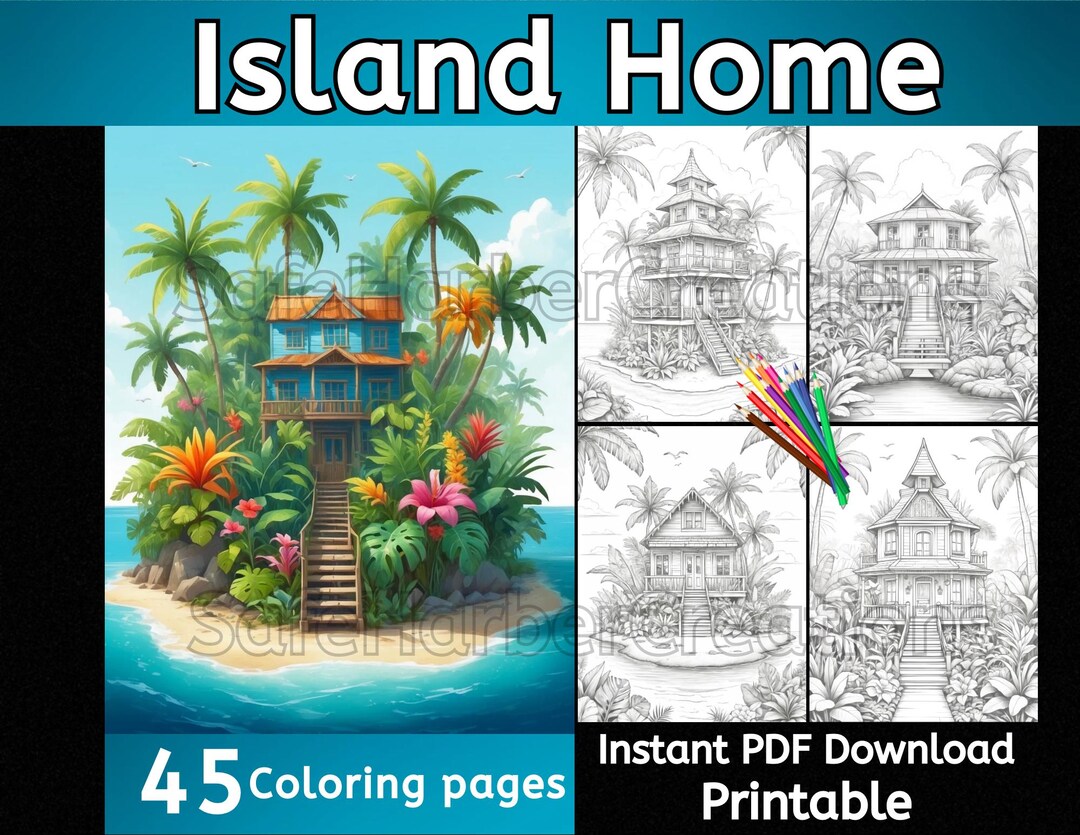Island Home Coloring Pages, Instant Download, Printable, Tropical ...