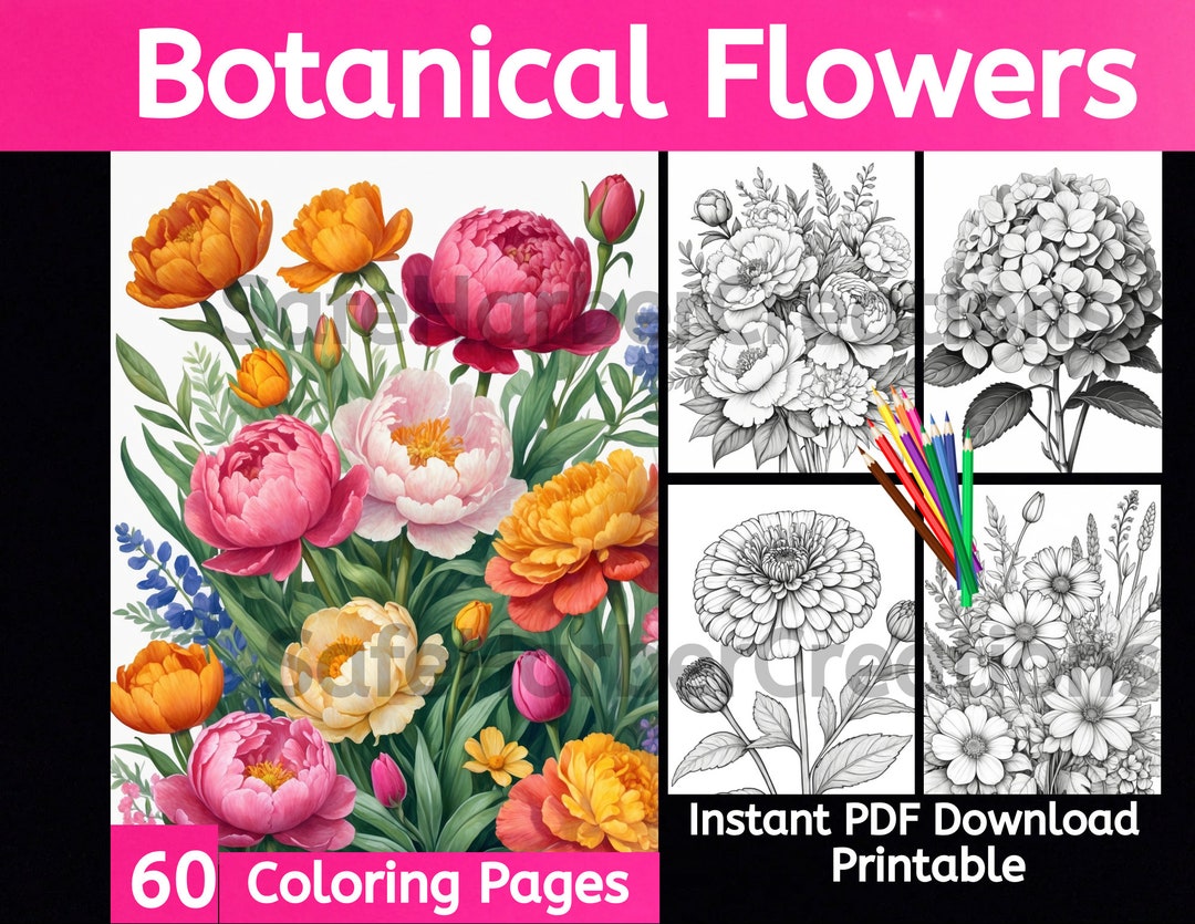 Botanical Flower Coloring Pages, 60 Beautiful Illustrations, Instant ...