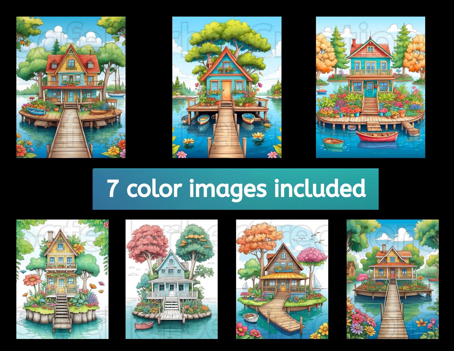 Lake Cottage Coloring Pages, 50 Whimsical Pages, Lake House Coloring ...