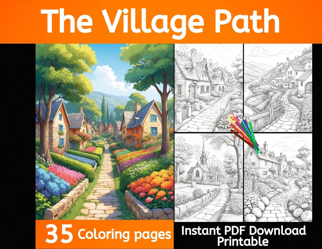 The Village Path Coloring Pages, Instant Download, Printable, Cottage ...